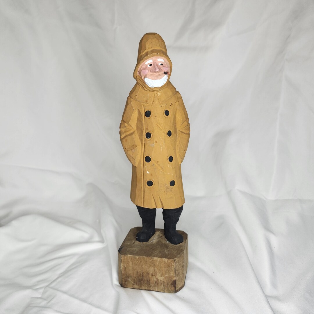 Old Salt Figure- Carved Wooden Statue 12” - Old Fisherman in Yellow ...