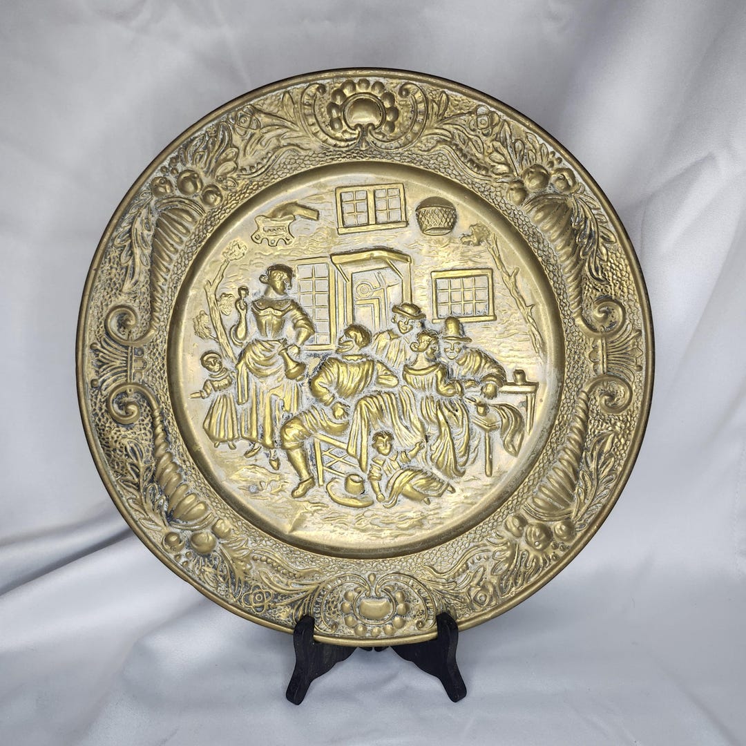 Vintage 1960s-70s Brass Wall Plate - Tavern Scene Large Size! 14.5 ...