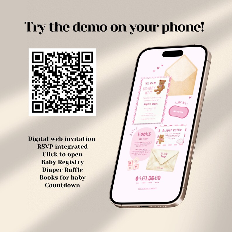 Cute Teddy Bear Girl Baby Shower Website Invite, Countdown and ...