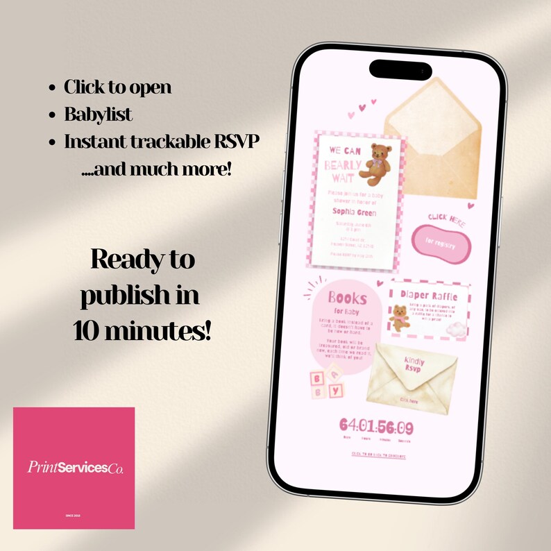 Cute Teddy Bear Girl Baby Shower Website Invite, Countdown and ...