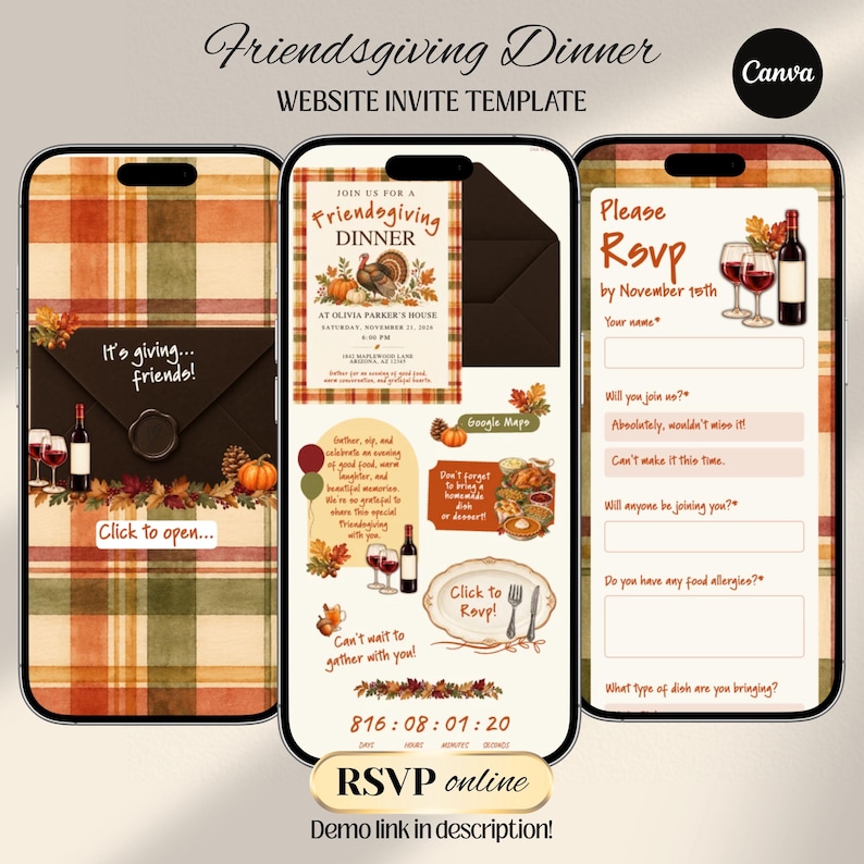 Friendsgiving Dinner Digital Web Invitation Online Built in RSVP Form ...