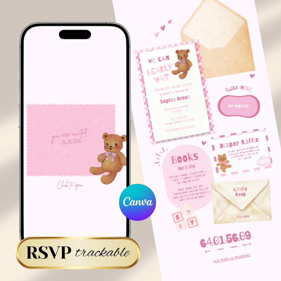 Cute Teddy Bear Girl Baby Shower Website Invite, Countdown and ...