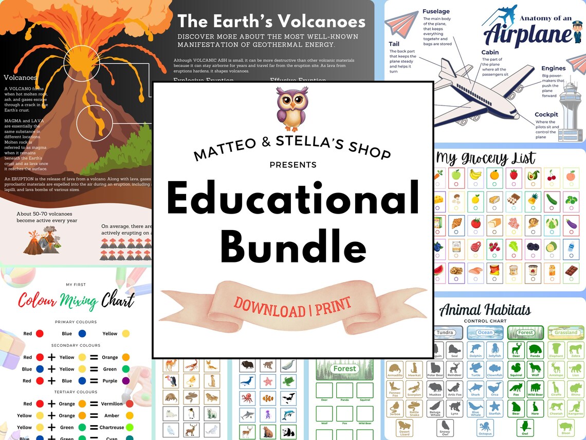 5-in-1 Kids Educational Bundle | Color Mixing Chart, Volcano Facts ...