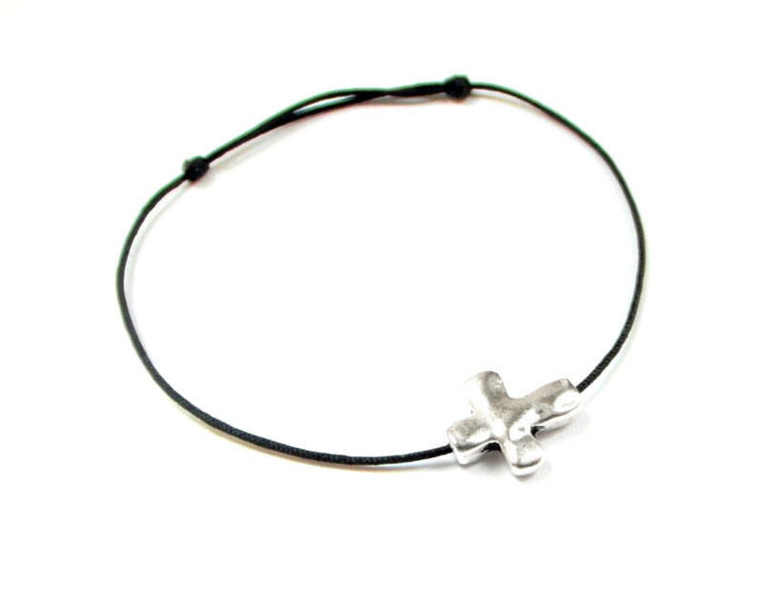 Silver Cross Black String Bracelet, Big Cross Bracelet, Gift for Him ...