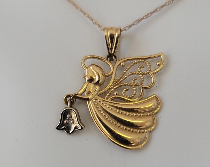 10k Gold Angel Pendant, Angel Bell Necklace, Gaurdian Angel Jewelry ...