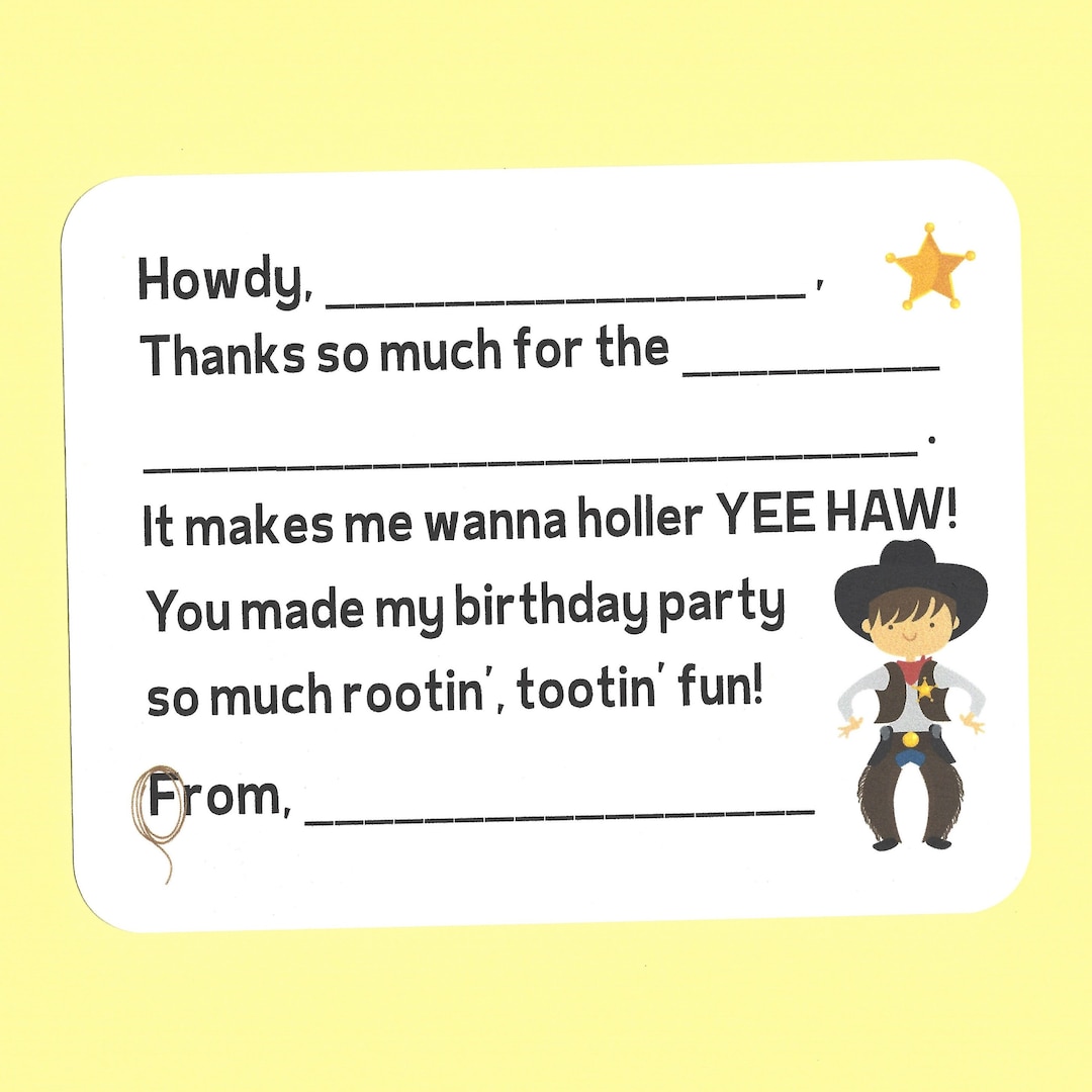 Cowboy Thank You Cards - (set of 10) Fill in the Blank Cards, Cowboy ...