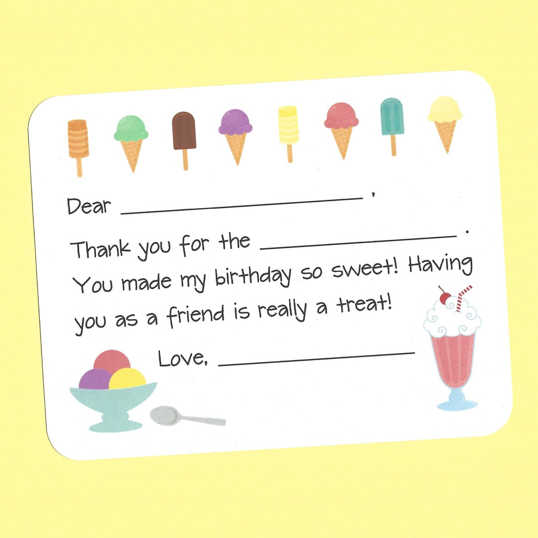 Ice Cream Thank You Cards - (set of 10) Fill in the Blanks Cards ...