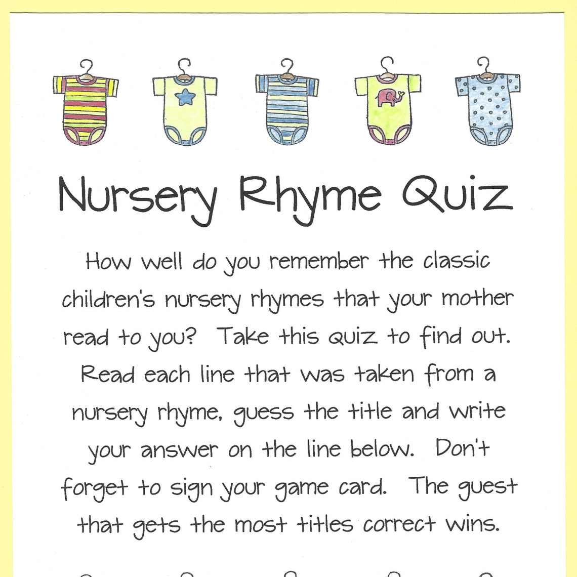 Nursery Rhyme Quiz Baby Shower Game - Name the Nursery Rhyme Baby ...