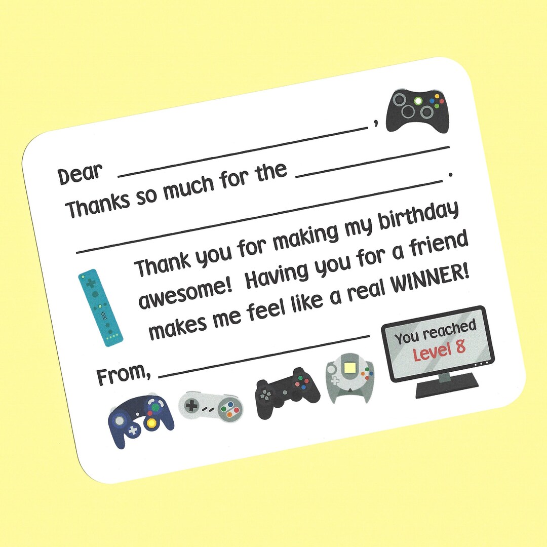 Video Game Thank You Cards - (set of 10) Fill in the Blank Card, Video ...