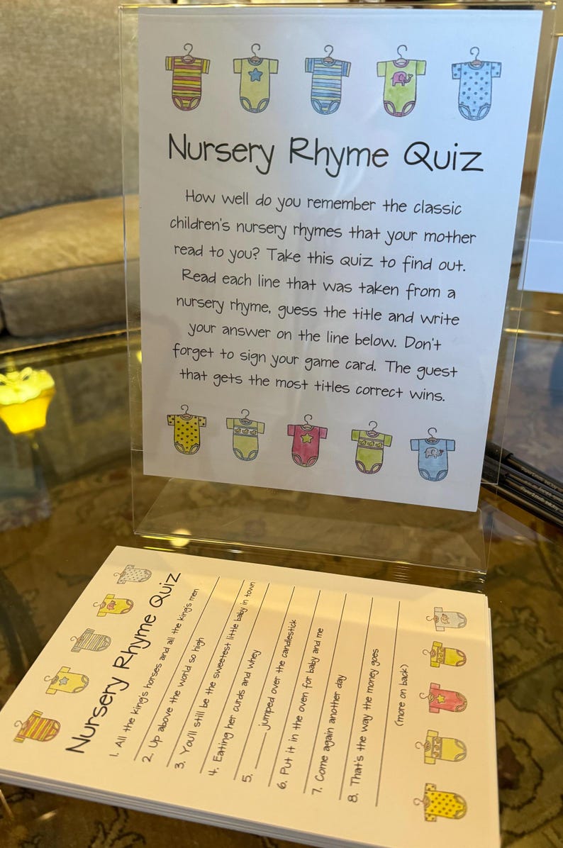 Nursery Rhyme Quiz Baby Shower Game - Name the Nursery Rhyme Baby ...