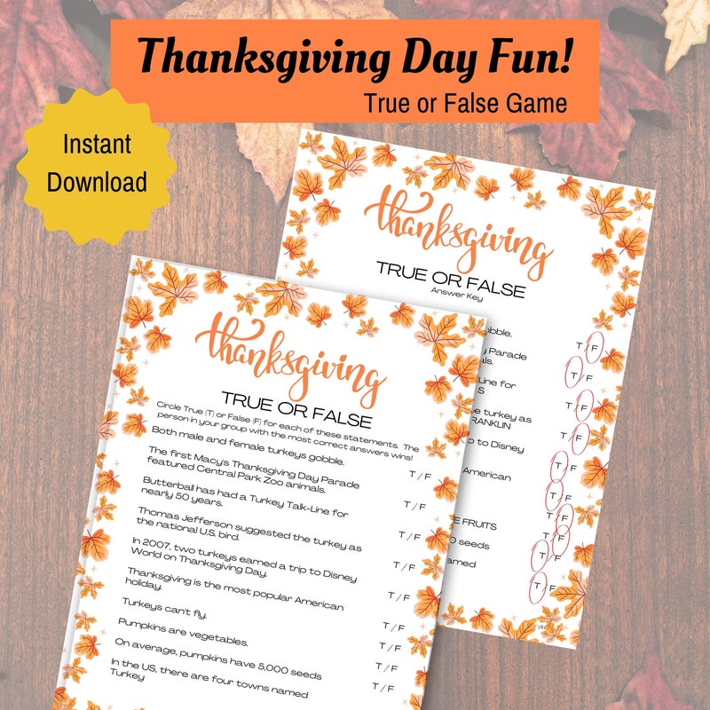 Thanksgiving True or False - Etsy