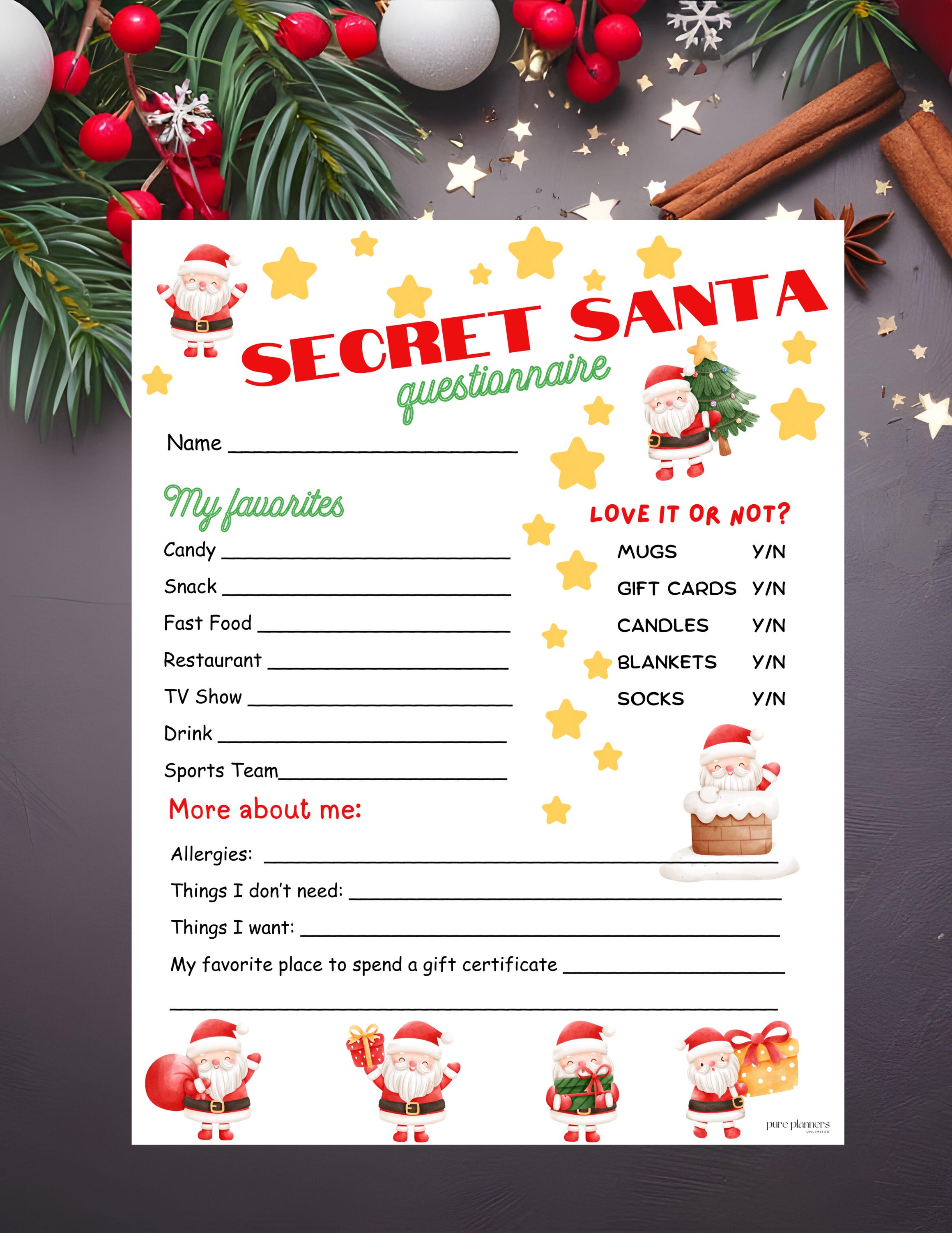 Secret Santa Questionnaire, Gift Exchange Printable, Secret Santa Form ...