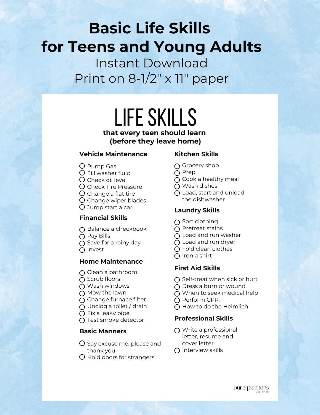 Life Skills for Teens Checklist, Essential Skills for Teens, Practical ...