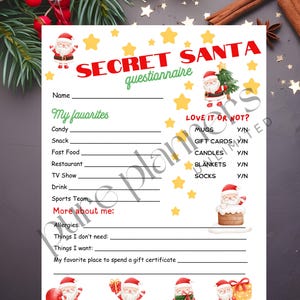 Secret Santa Questionnaire, Gift Exchange Printable, Secret Santa Form ...