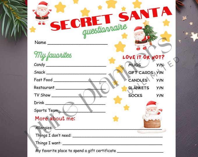 Printable Secret Santa Questionnaire for Christmas Gift Exchange ...