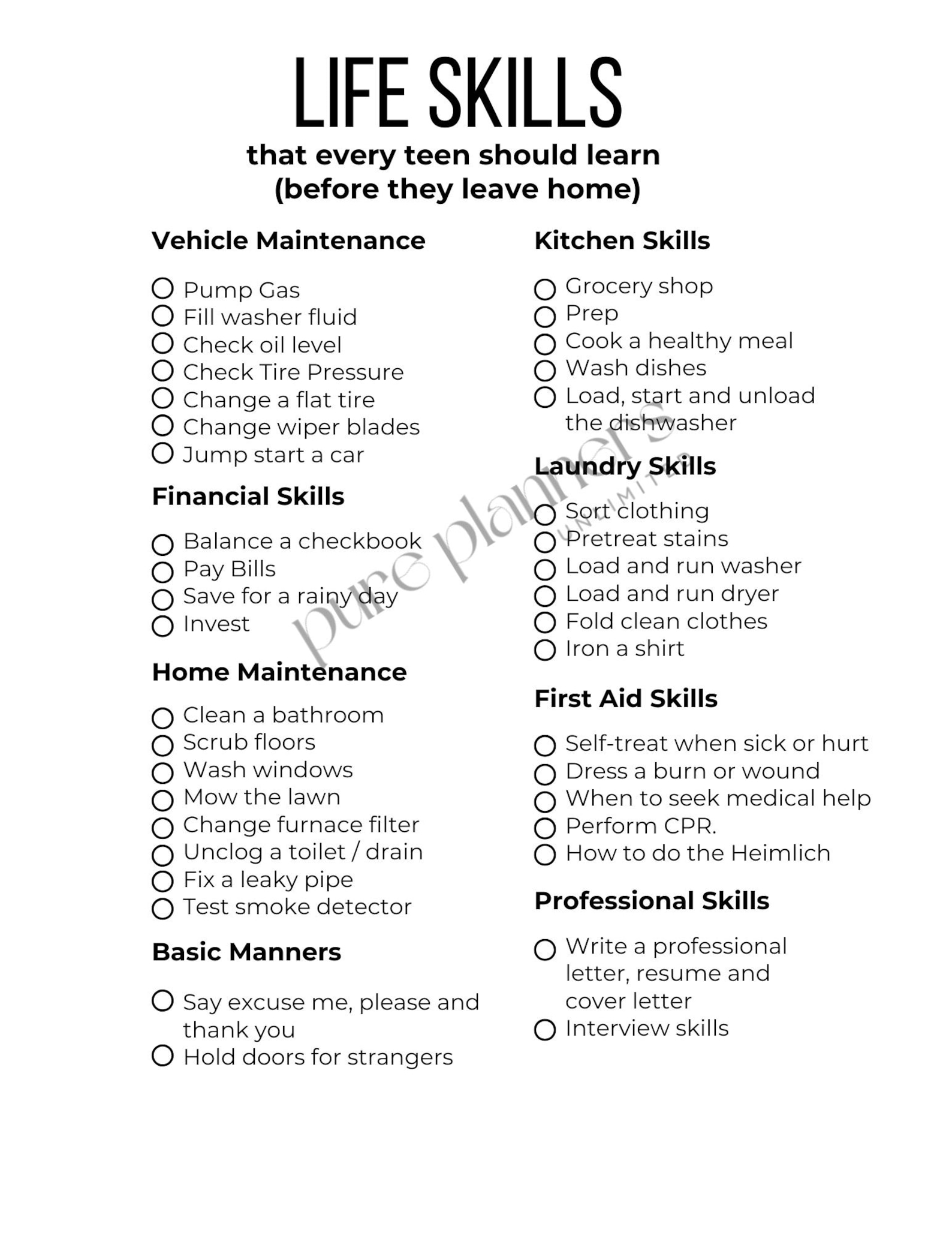 Life Skills for Teens Checklist, Essential Skills for Teens, Practical ...