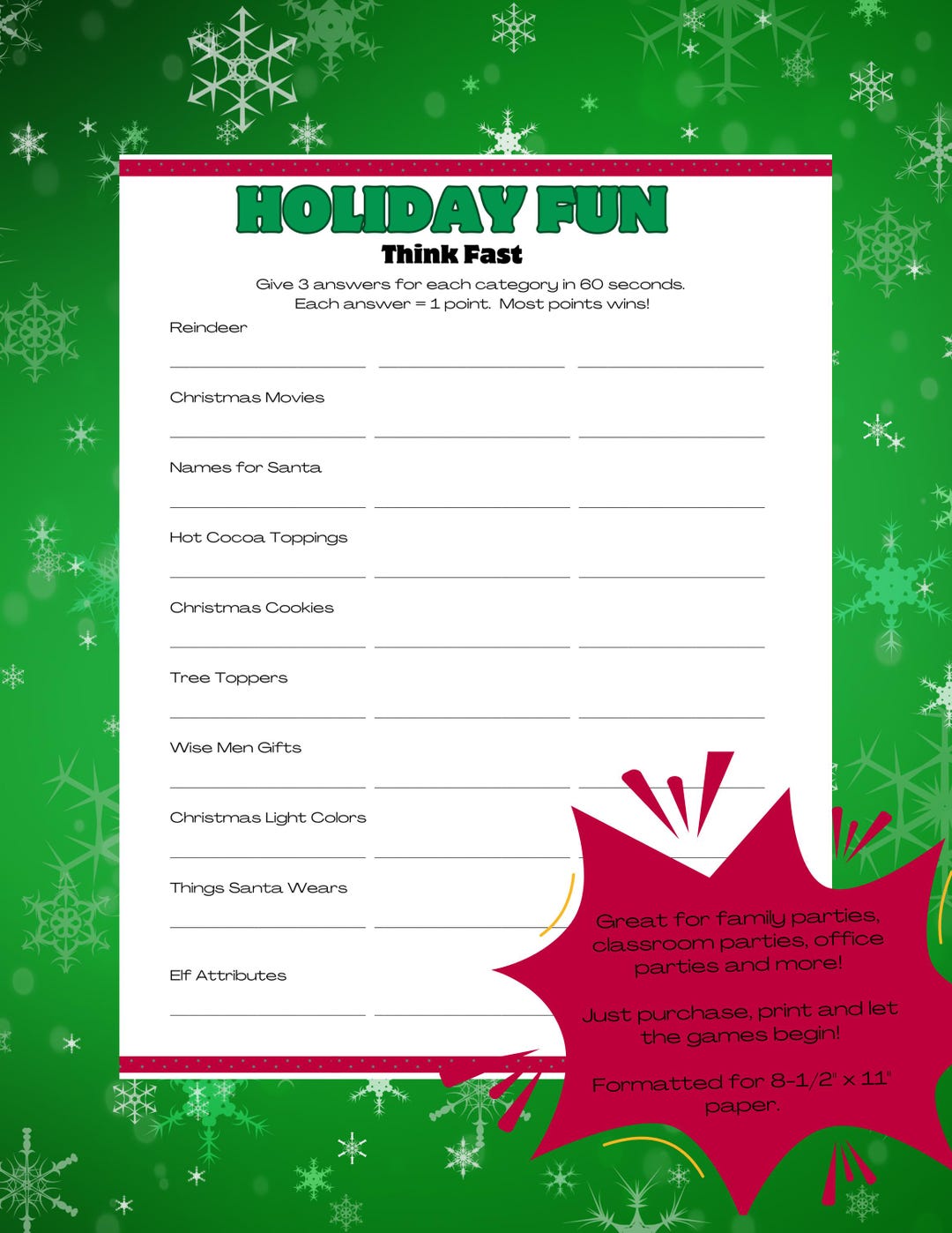 Think Fast Christmas Printable Game, Christmas Trivia Game, Printable ...