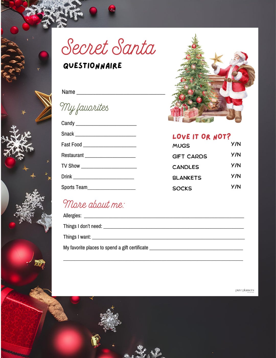 Secret Santa Questionnaire, Gift Exchange Printable, Secret Santa Form ...