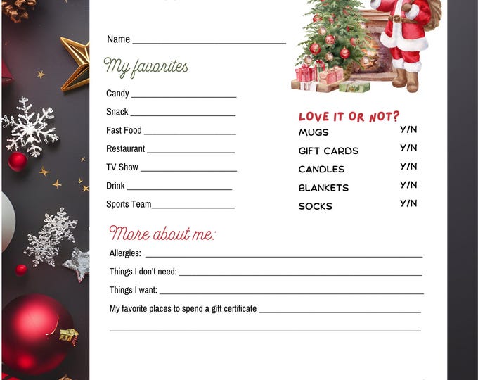 Printable Secret Santa Questionnaire for Christmas Gift Exchange ...