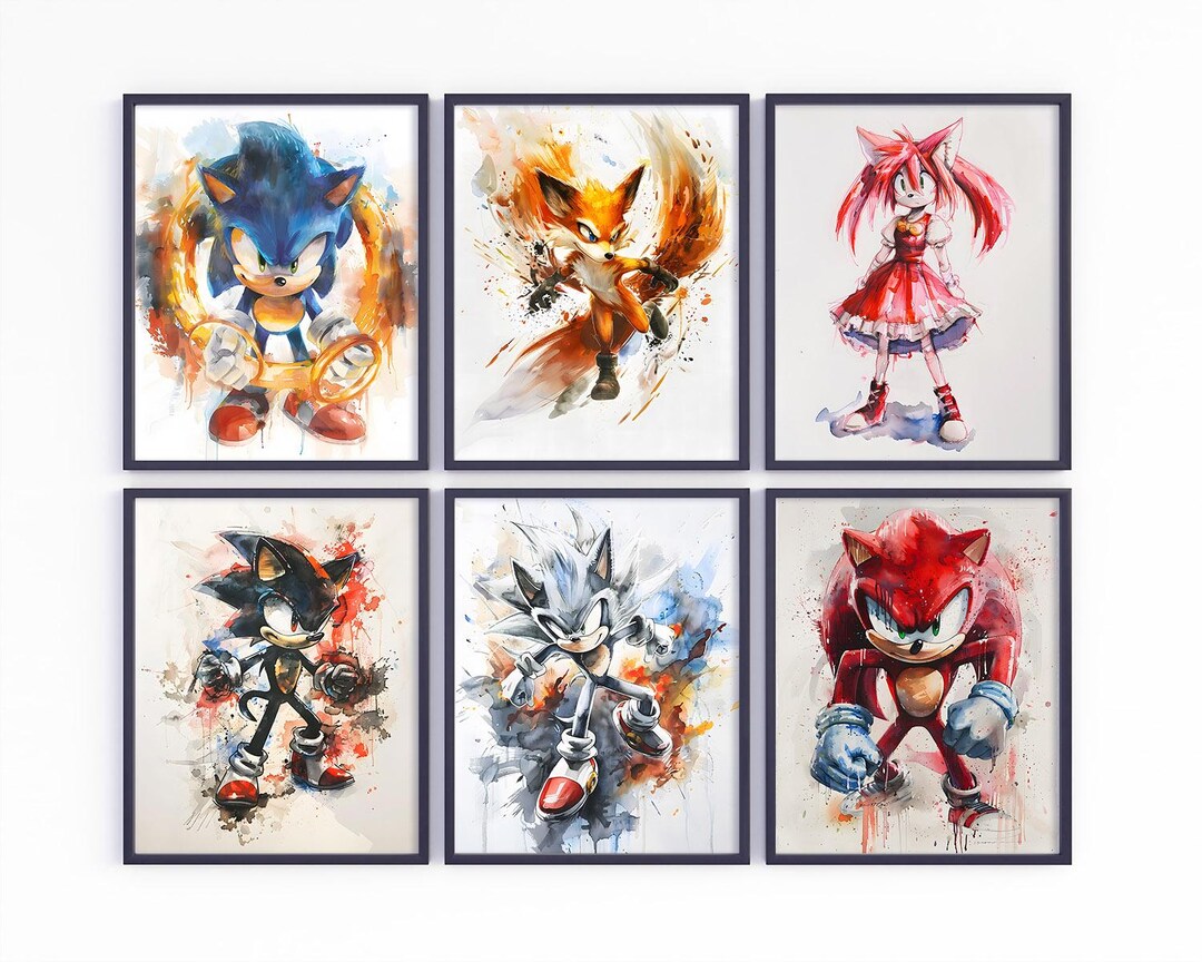 Hedgehog Sonic Art Print, Set of 6 Watercolor Canvas, Video Game Sonic ...