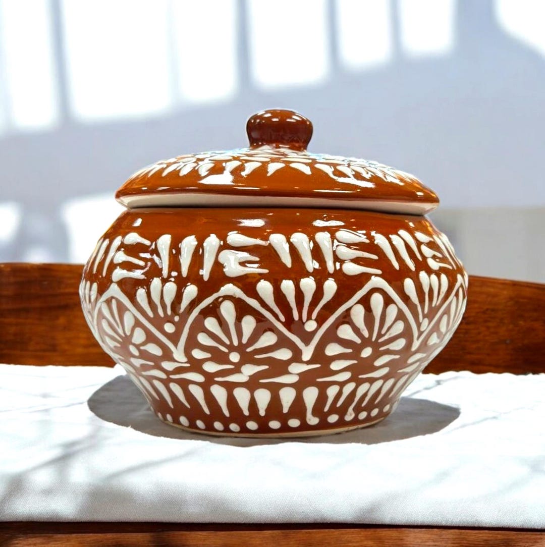 Handmade Mexican Talavera Salsa Bowl With Lid | Brown & White - Etsy