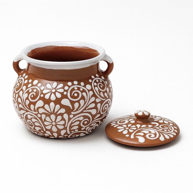 Traditional Talavera Pot Frijolera Diseño Flor | Brown & White - Etsy