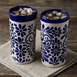 Handmade Mexican Talavera Cups Set of 2 | White & Blue - Etsy