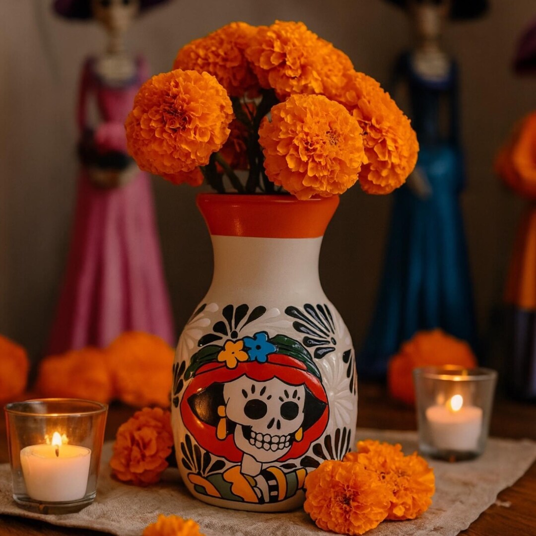 Mexican Talavera Catrina Day of the Dead Flower Vase | White & Orange ...