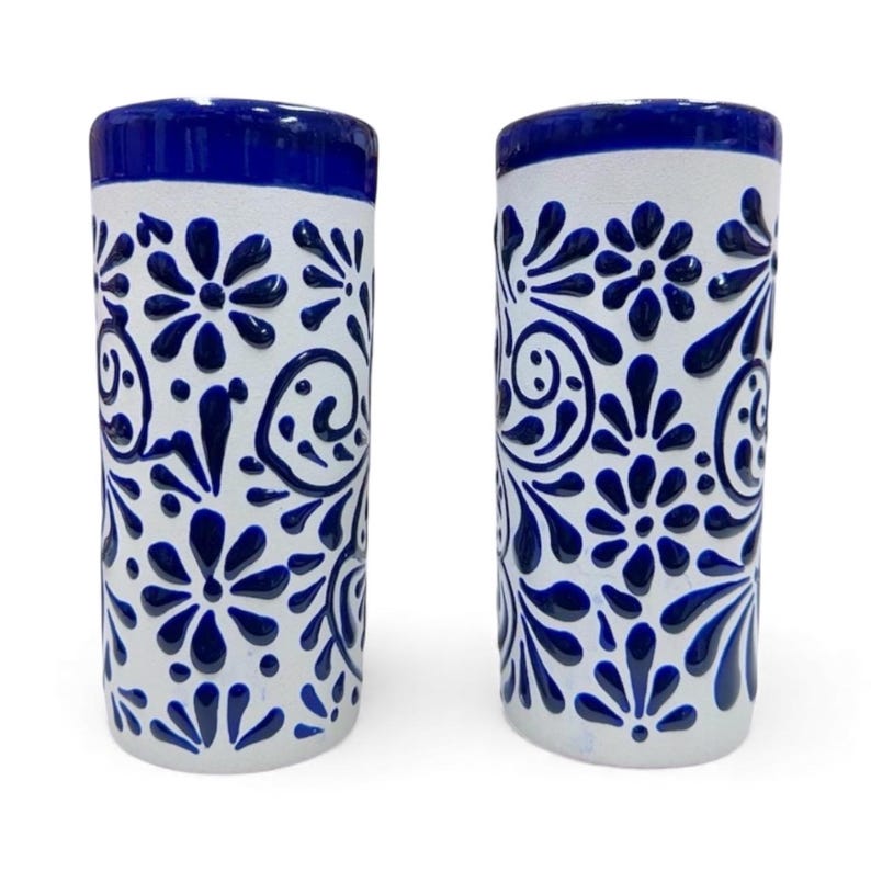 Handmade Mexican Talavera Cups Set of 2 | White & Blue - Etsy