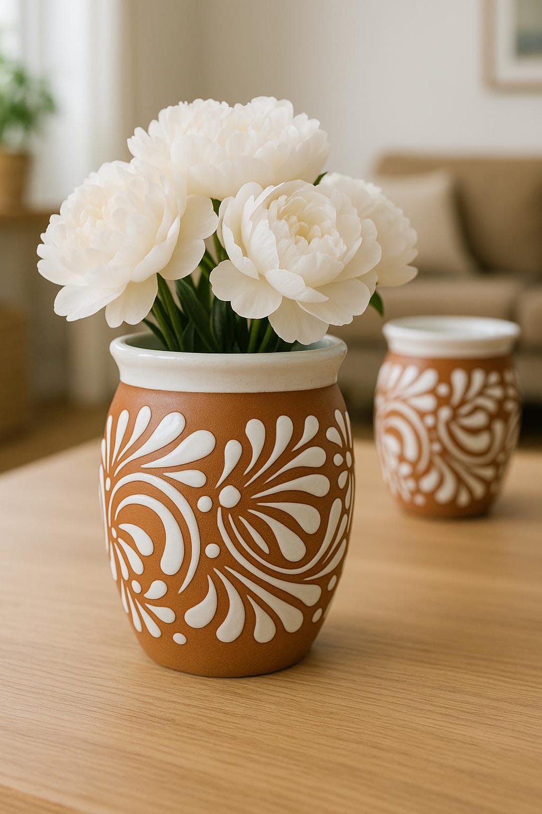 Handcrafted Talavera Flower Vase Set of 2 – Brown & White Swirl Mexican ...
