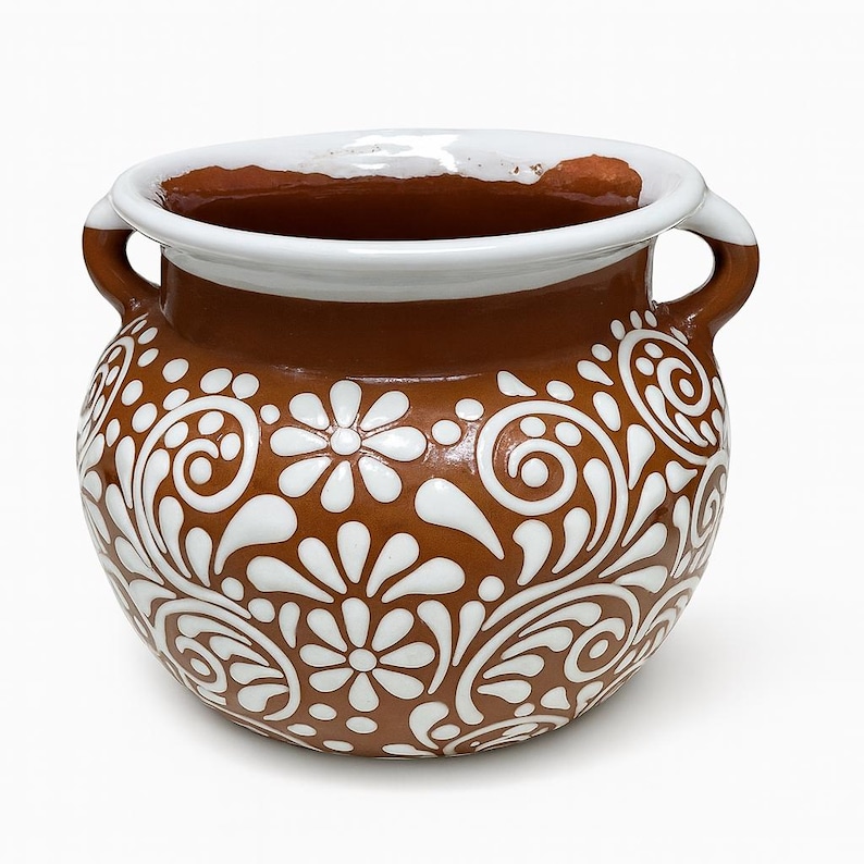 Traditional Talavera Pot Frijolera Diseño Flor | Brown & White - Etsy