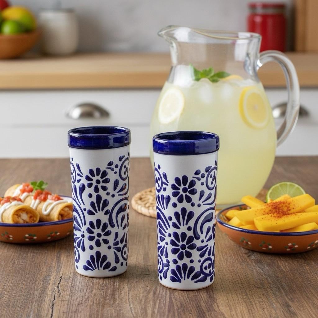 Handmade Mexican Talavera Cups Set of 2 | White & Blue - Etsy