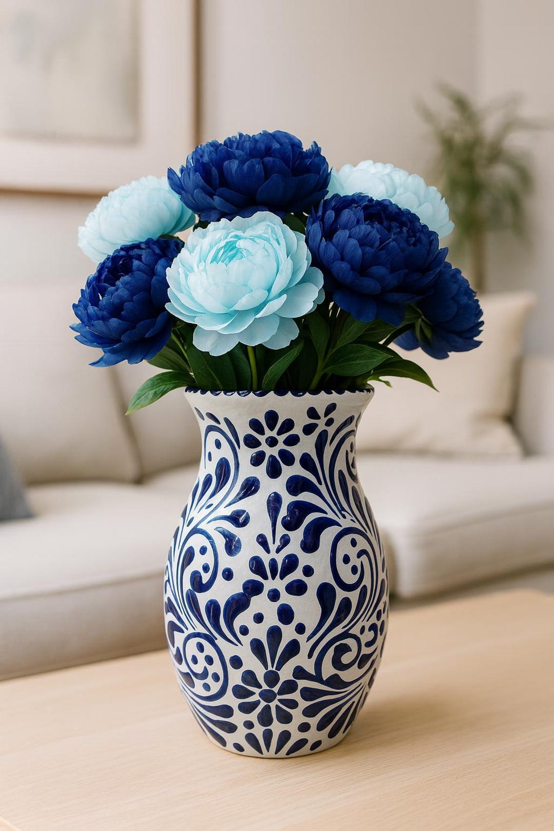 Talavera Floral Flower Vase | Cobalt Blue & White - Etsy