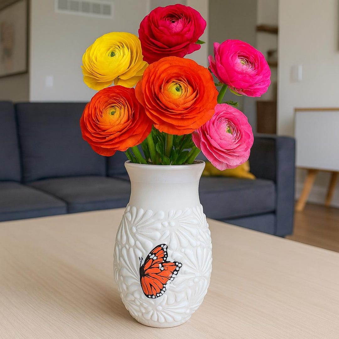 Talavera White Monarch 4 Butterfly Floral Vase Around the Flower Vase ...
