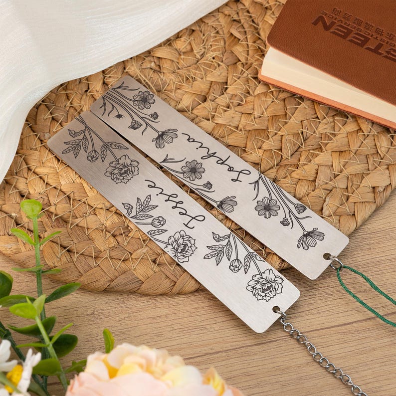 Personalized Birth Flower Bookmark Engraved Steel Name Bookmark Gift ...