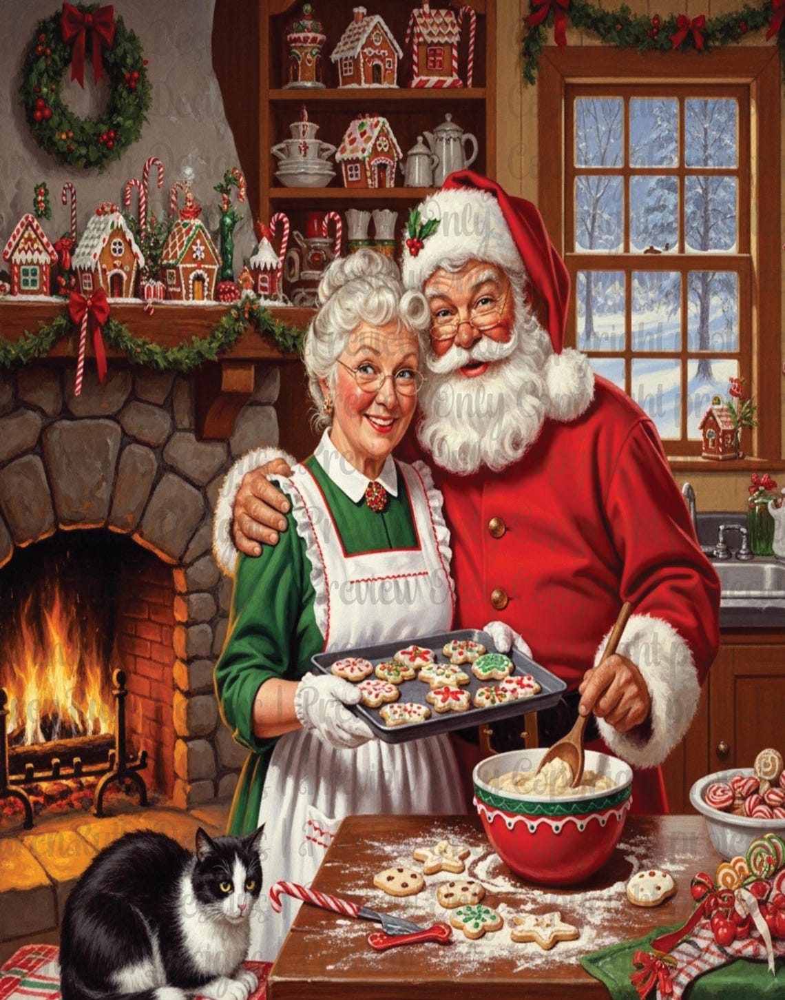 Christmas Kitchen Decor Santa and Mrs Claus Making Cookies PNG Digital ...