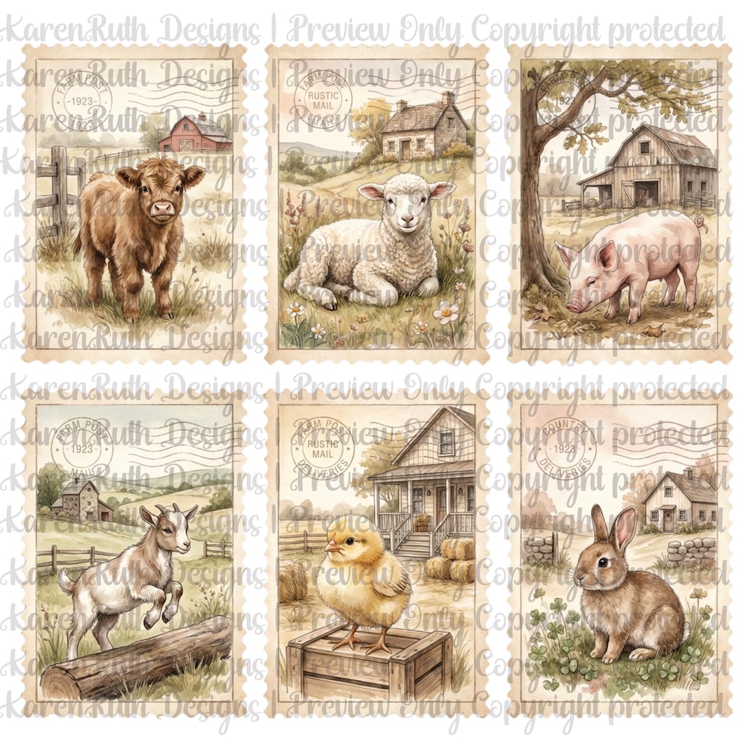 Vintage Farm Animal Stamp PNG PDF, Cottagecore Farm Animals Clipart ...