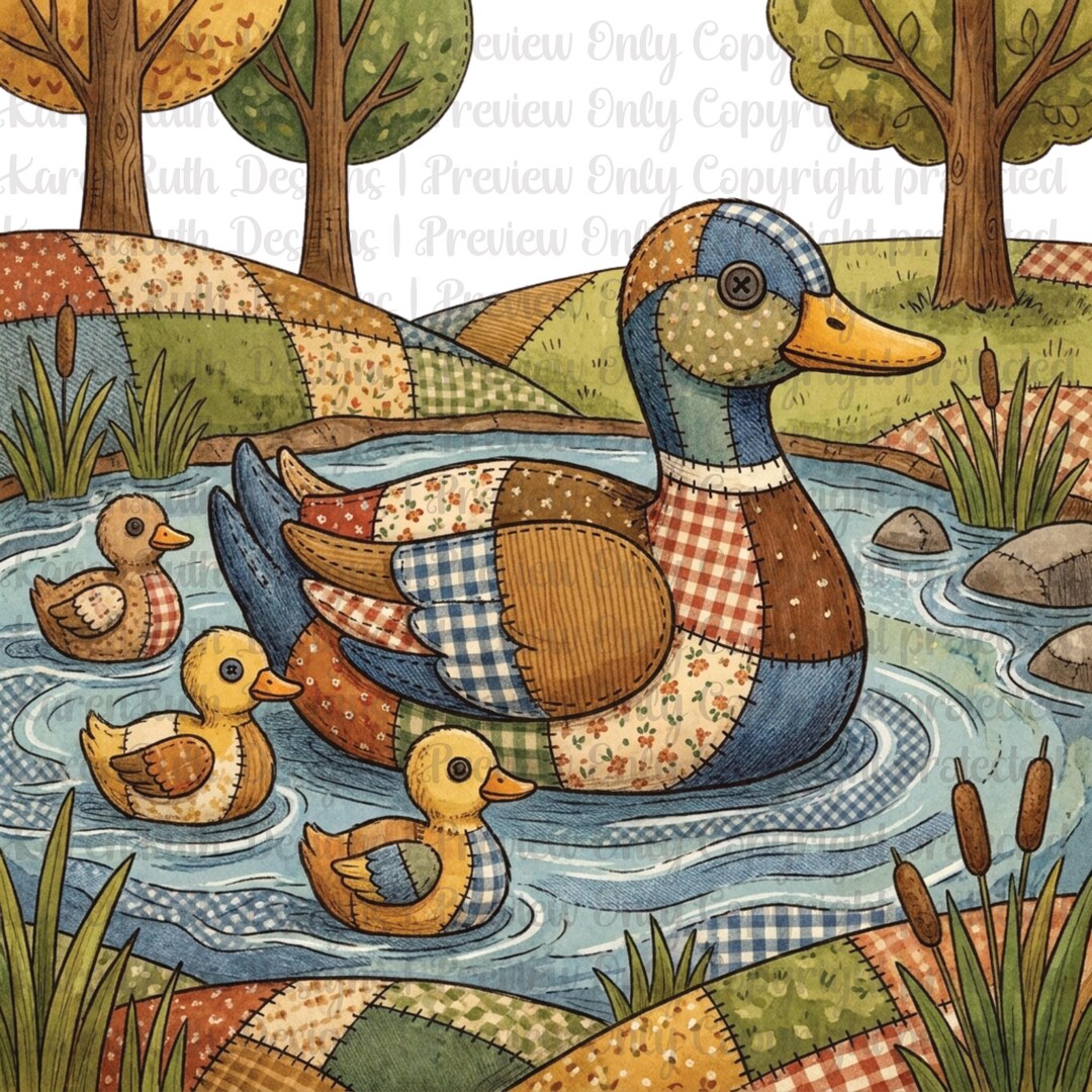 Patchwork Duck Clipart PNG JPEG, Farmhouse Duck Family Art, Vintage ...
