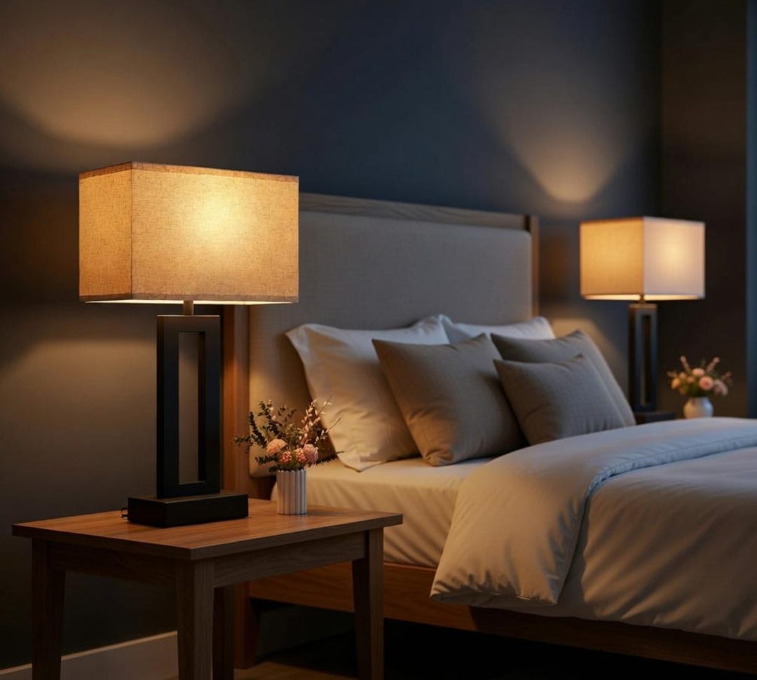 SET OF 2 Modern Black Rectangular Table Lamp With Beige Linen Shade ...