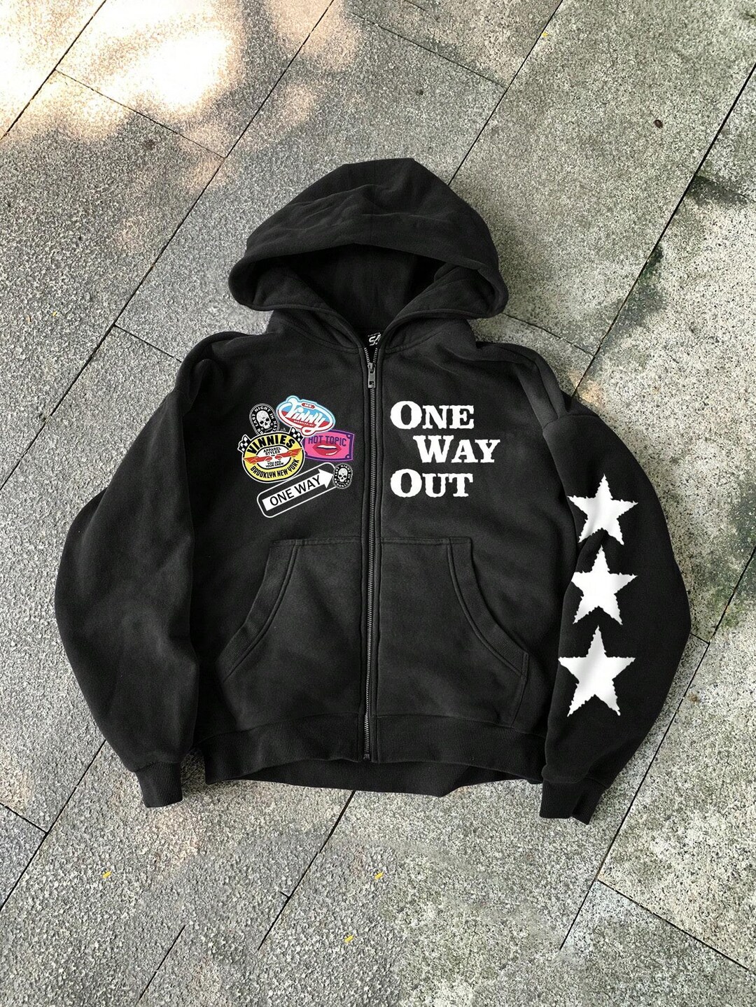 One Way Out Zip up Hoodie, Punk Design, Skull and Stars, Streetwear ...