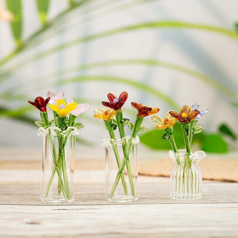 Mini Glass Flower Bouquet Set,mini Flower Figurine,birth Month Flower ...