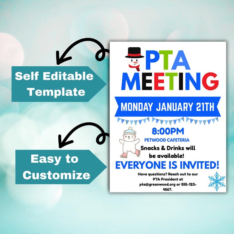 Winter PTO Meeting Flyer 2026 Canva Template School Parent Organization ...