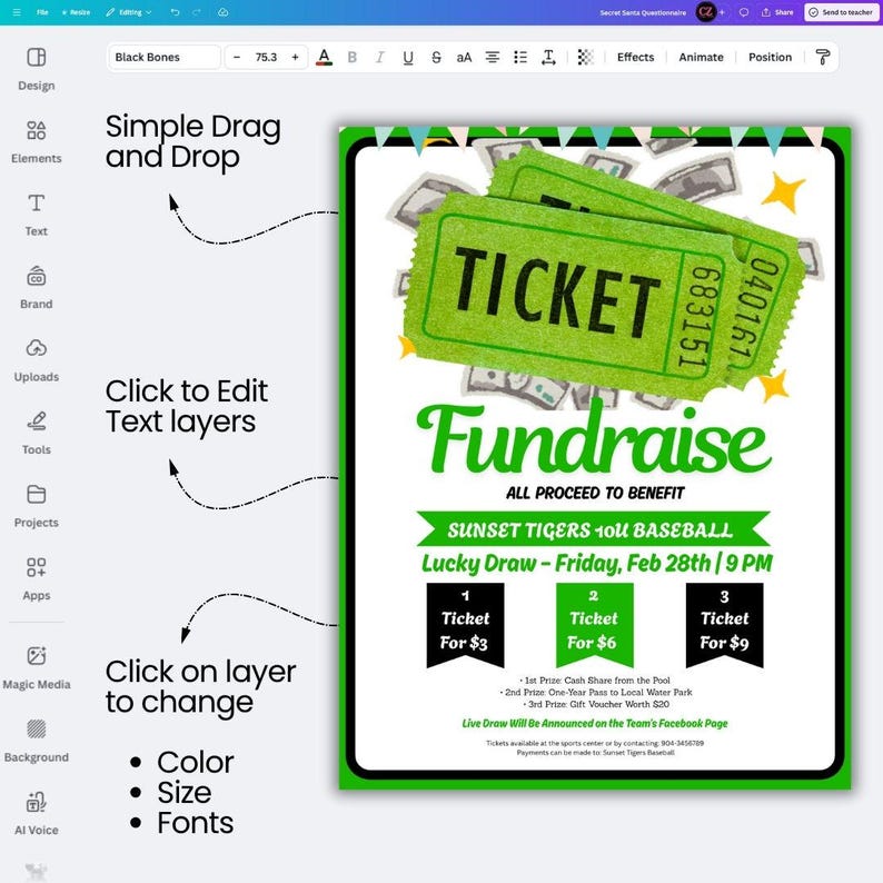 Fundraiser Ticket & Raffle Flyer Template | Split the Pot Cash Raffle ...