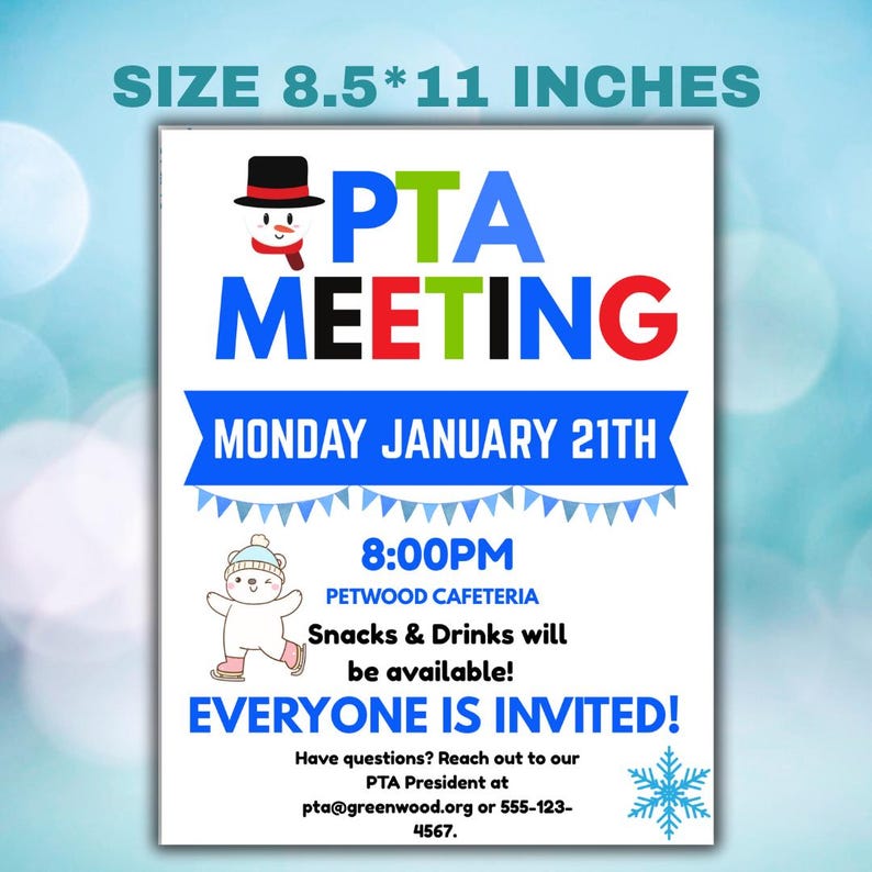 Winter PTO Meeting Flyer 2026 Canva Template School Parent Organization ...