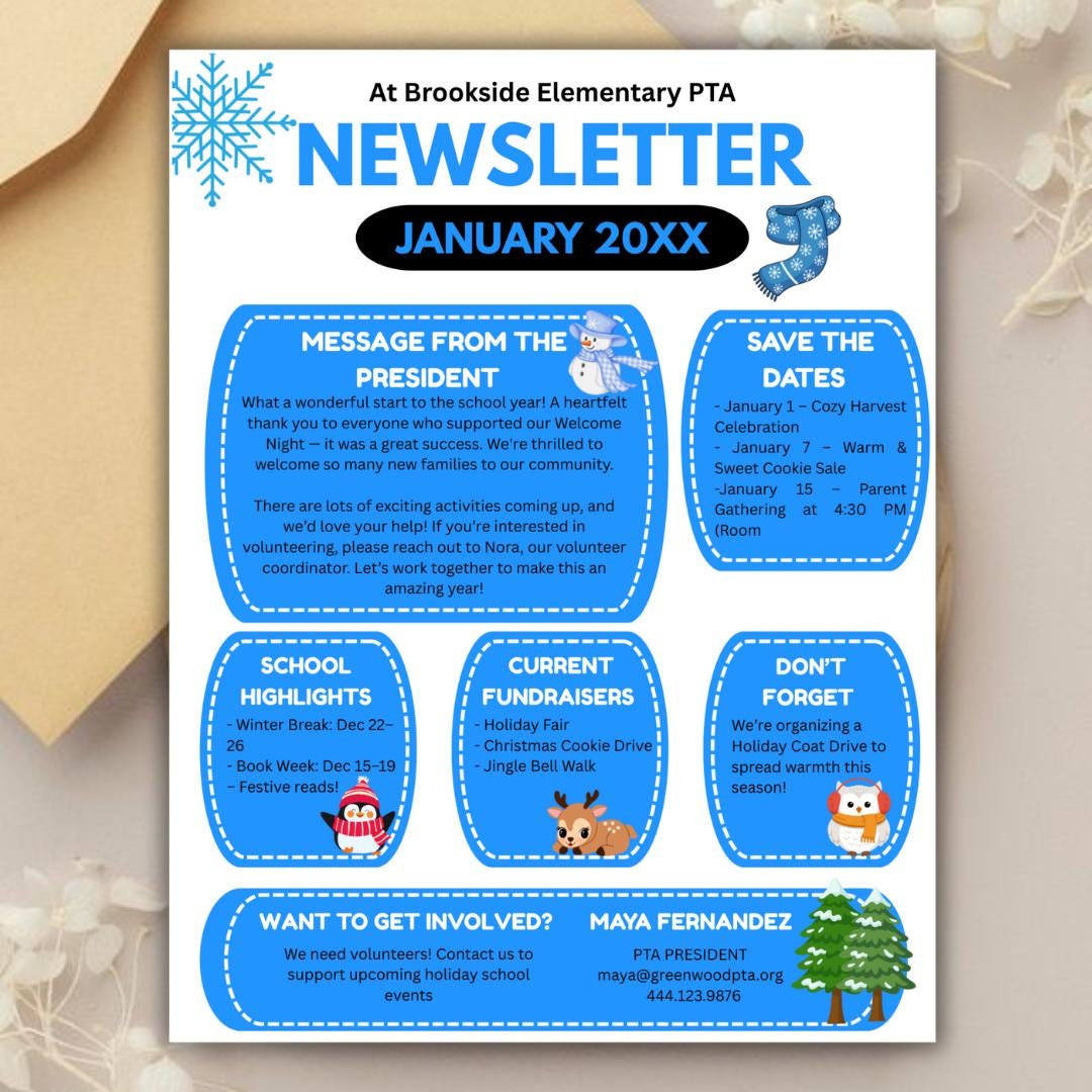 January PTA Newsletter Editable Winter PTO School Update Canva Download ...