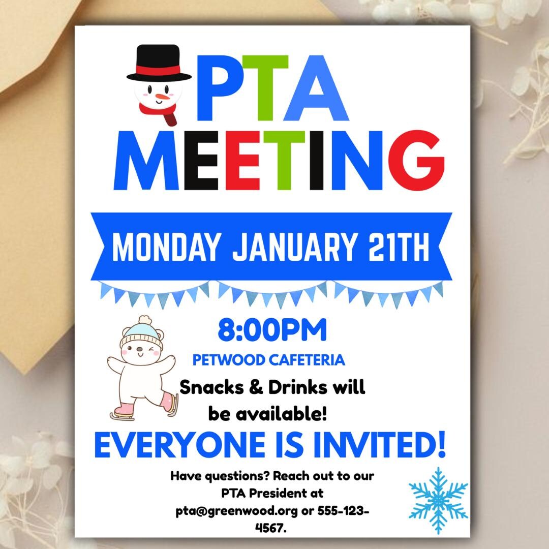 Winter PTO Meeting Flyer 2026 Canva Template School Parent Organization ...