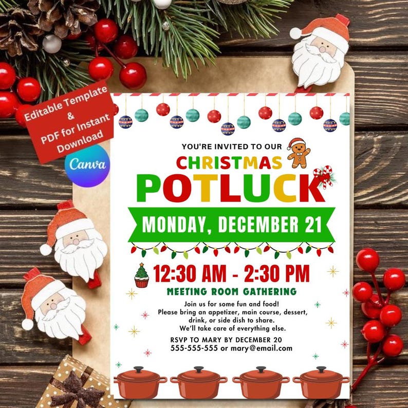 Editable Christmas Potluck Flyer Template | Holiday Party Invitation ...
