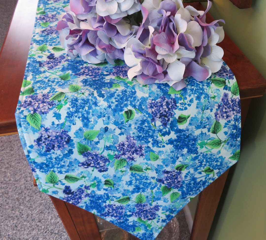 54" 72" 90" Blue Purple Hydrangea Table Runner Reversible Summer Runner ...