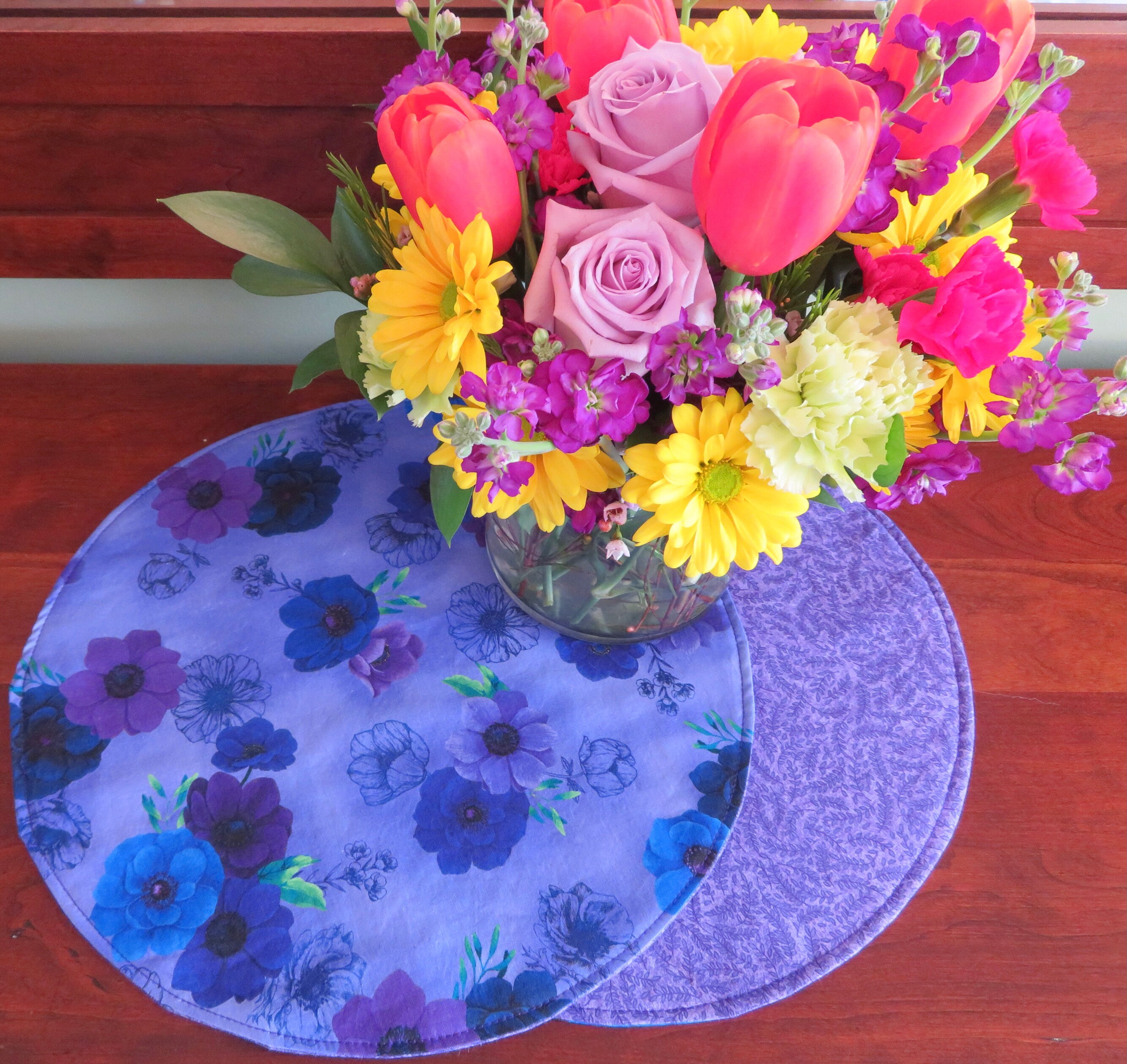 Purple Summer Floral Circular Placemats 2 4 or 6 Reversible | Etsy