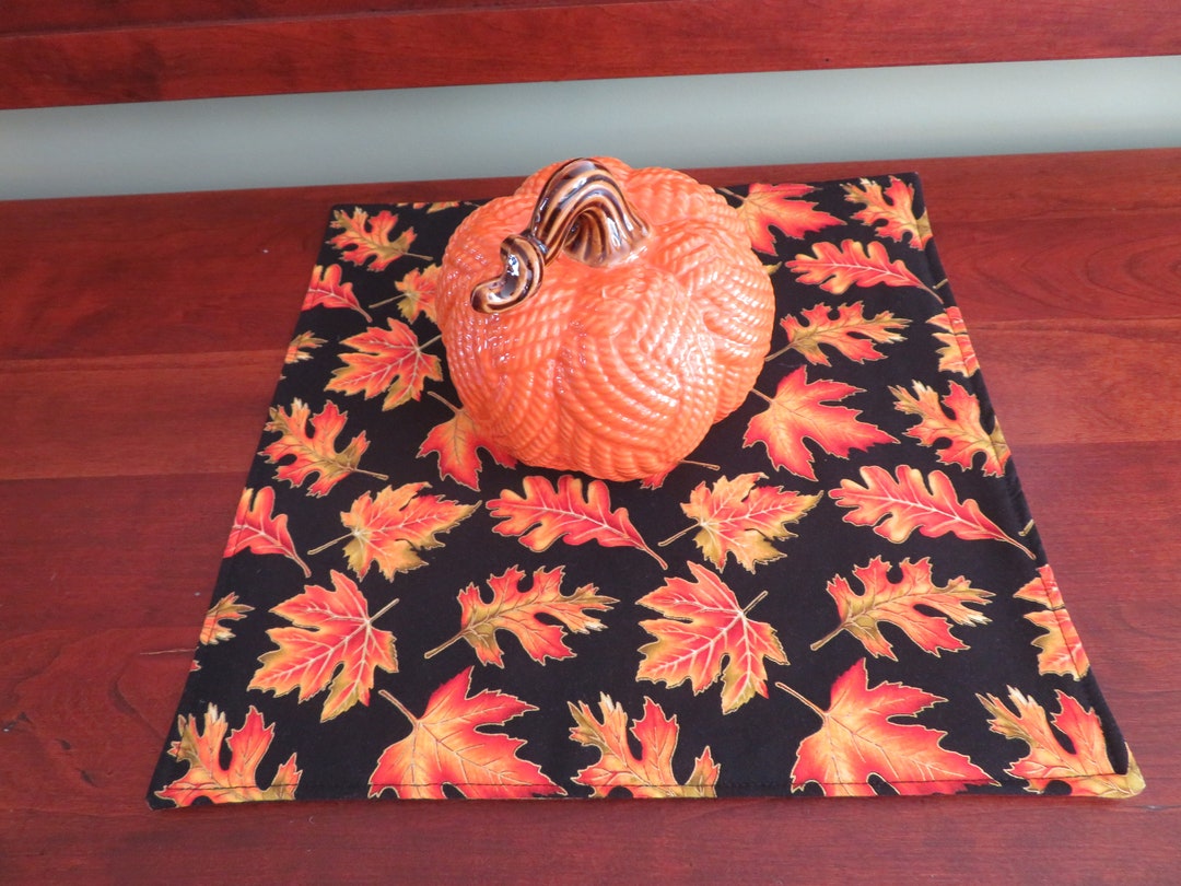 Square Black Fall Leaves and Pumpkins Table Topper Reversible Rustic ...